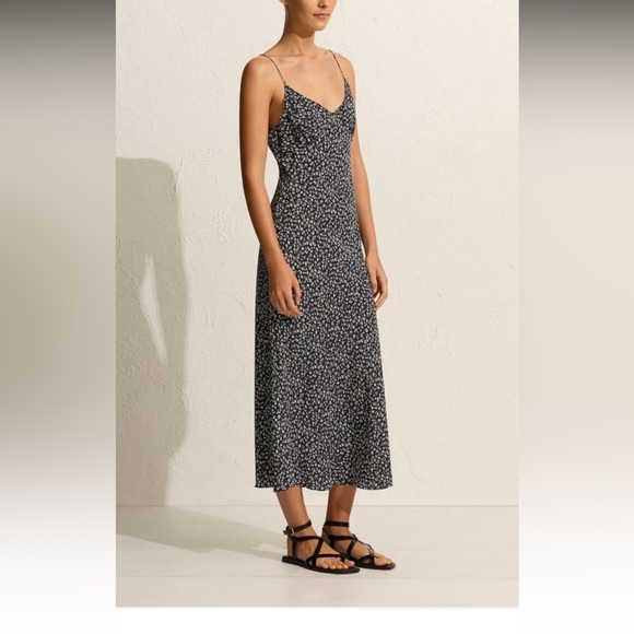 Matteau | Dresses | Matteau Low Black Silk Slip Dress Navy Ivory Floral ...